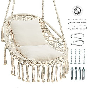Homgava Hammock Chair Hanging Rope Swing, Hanging Chair Max 330Lbs,2 Cushions Included Macrame Swing Chair for Bedroom,Indoor, Outdoor, Porch, Patio, Garden,(Beige)