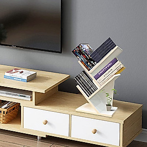 STEADYZ Solid Wood Tree Bookshelf, Modern Geometric Bookcase for Small Spaces and Small Rooms, Desktop Tabletop Kitchen Organizer, White