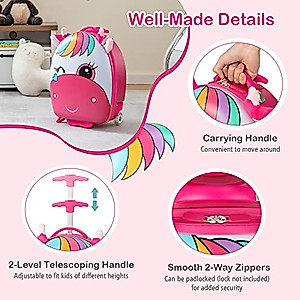 HONEY JOY Kids Luggage, 16” Children Rolling Suitcase w/Light-up Wheels & Telescopic Handle, Hard Shell Lightweight Travel Luggage for Toddlers, Carry On Luggage with Wheels for Boy Girl(Pink Unicorn)