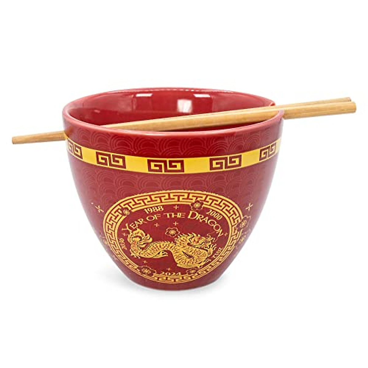 Boom Trendz Year Of The Dragon Chinese Zodiac Ceramic Set | Includes 16-Ounce Ramen Noodle Bowl and Wooden Chopsticks Asian Food Dish For Home & Kitchen Kawaii Lunar New Gifts, Red, One Size