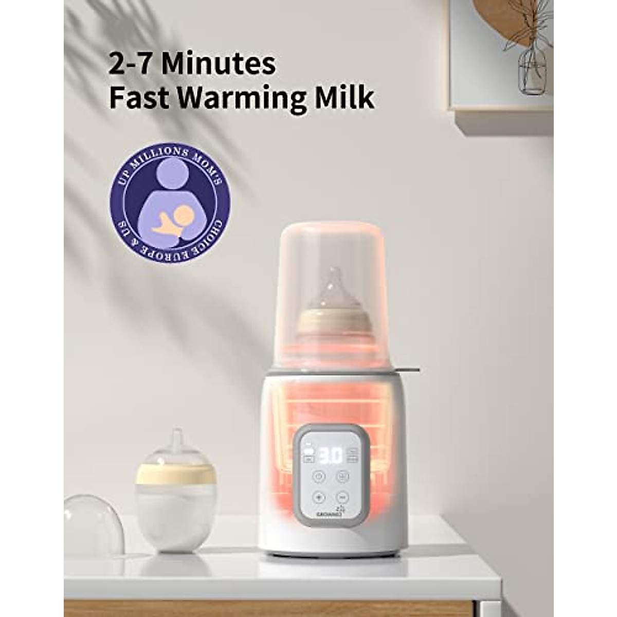 Bottle Warmer, GROWNSY 8-in-1 Fast Baby Milk Warmer with Timer for Breastmilk or Formula, Accurate Temperature Control, with Defrost, Sterili-zing, Keep, Heat Baby Food Jars Function