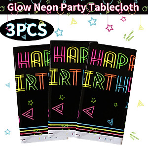 XJLANTTE 3 Pack Glow Party Tablecloth Supplies - Neon Plastic Disposable Birthday Table Cover, Black Light Rectangle All Over Print Table Cloth 51"x86.6" for Glow in The Dark Parties Decorations