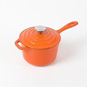 HAWOK Enameled Cast Iron Mini Saucepan, 1QT Saucepan with Lid and Long Handle, Orange