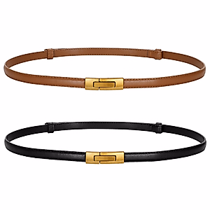 LEACOOLKEY 2 Pack Women Skinny Leather Belts Ladies Vintage Gold Buckle Thin Waist Belts for Dresses Black+Brown
