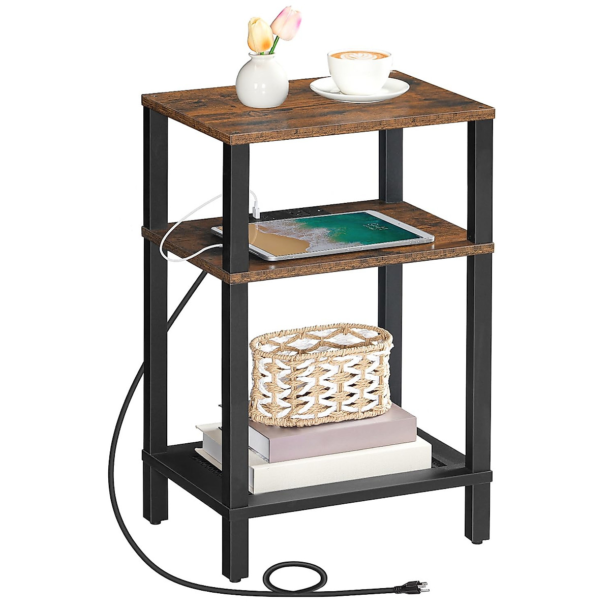 HOOBRO Side Table with Charging Station, End Table with USB Ports and Outlets, 3-Tier Storage Shelves Nightstand, Sofa Table for Small Space in Bedroom, Living Room, Rustic Brown and Black BF106UBZ01