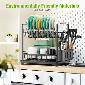 Housmile Dish Drying Rack, Large-Capacity Dish Rack for Kitchen Counter, Stainless Steel Dish Drainer, 2-Tier Drying Rack Kitchen Adjustable Height for Dishes, Knives, Spoons, and Forks, Black