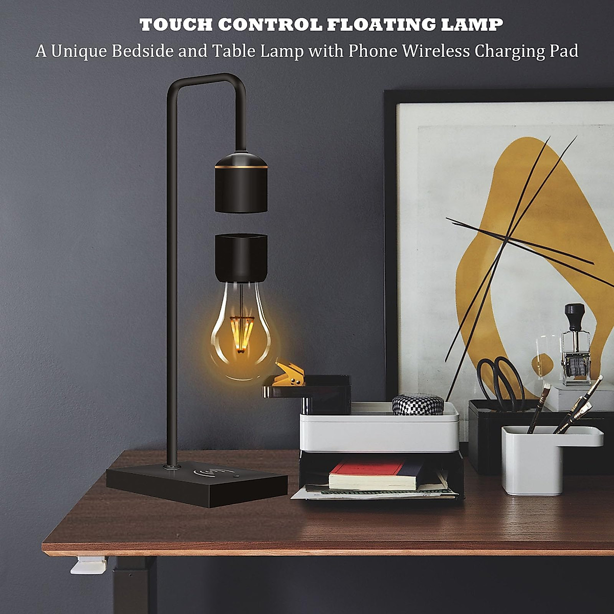 Floatidea Magnetic Levitating Light Bulb with Luxury Wireless Charging Pad (Apple/Android) Levitation Plastic Black Floating Table Lamp White LED Night Light for Bedrooms Desk Toys Office Gifts