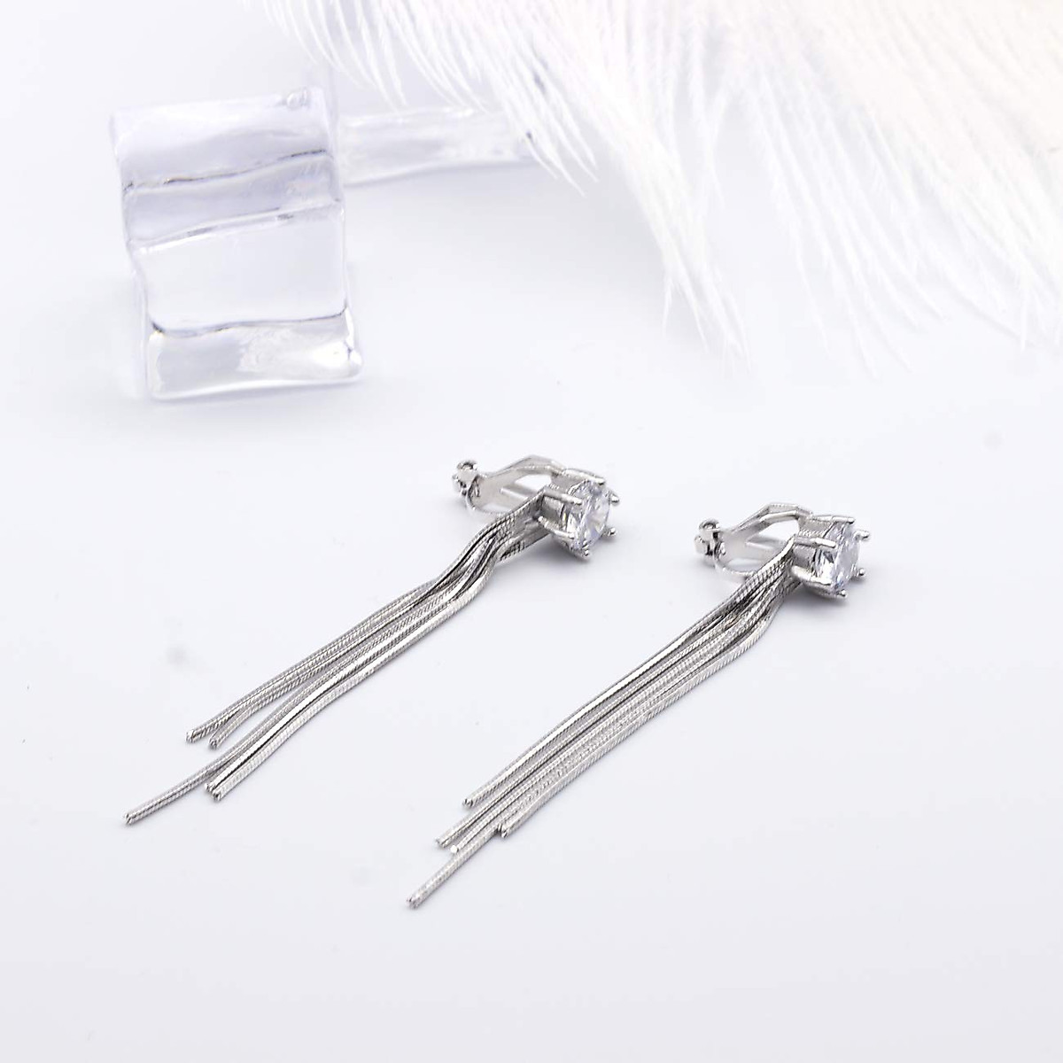 YOQUCOL 7MM Bright Cubic Zirconia Crystal Tassel Dangle Clip On Long Drop Non Pierced Wedding Earrings For Women