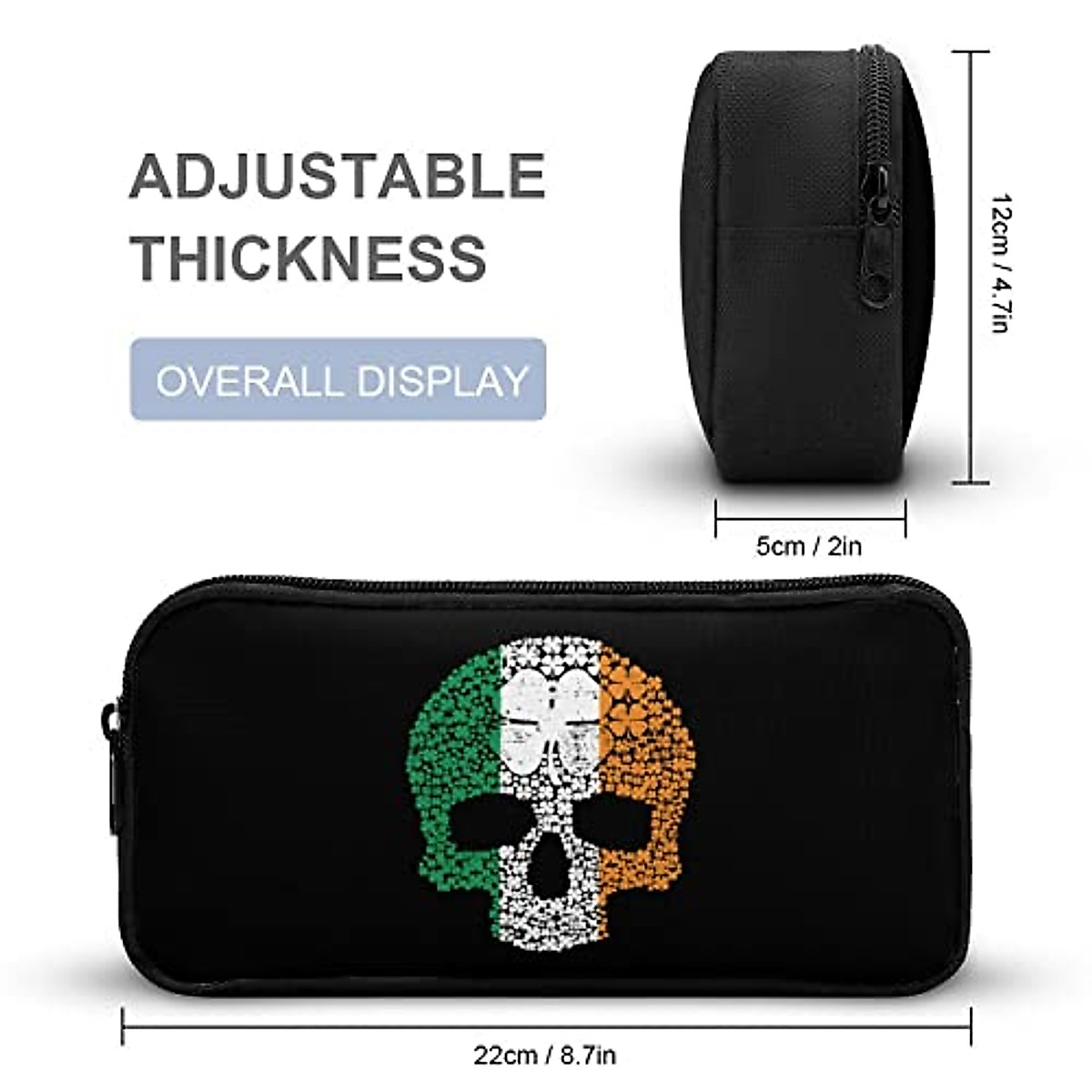Skull Clover St Paddy St Patrick Ireland Pencil Case Makeup Bag Big Capacity Pouch Organizer for Office College
