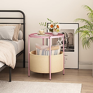 Fixwal Round Side Table, Bedside Table, Pink Nightstand, Metal Side Table with Fabric Storage Basket, Small End Table with Removable Tray, Dresser for Kids Bedroom, Nursery, Laundry