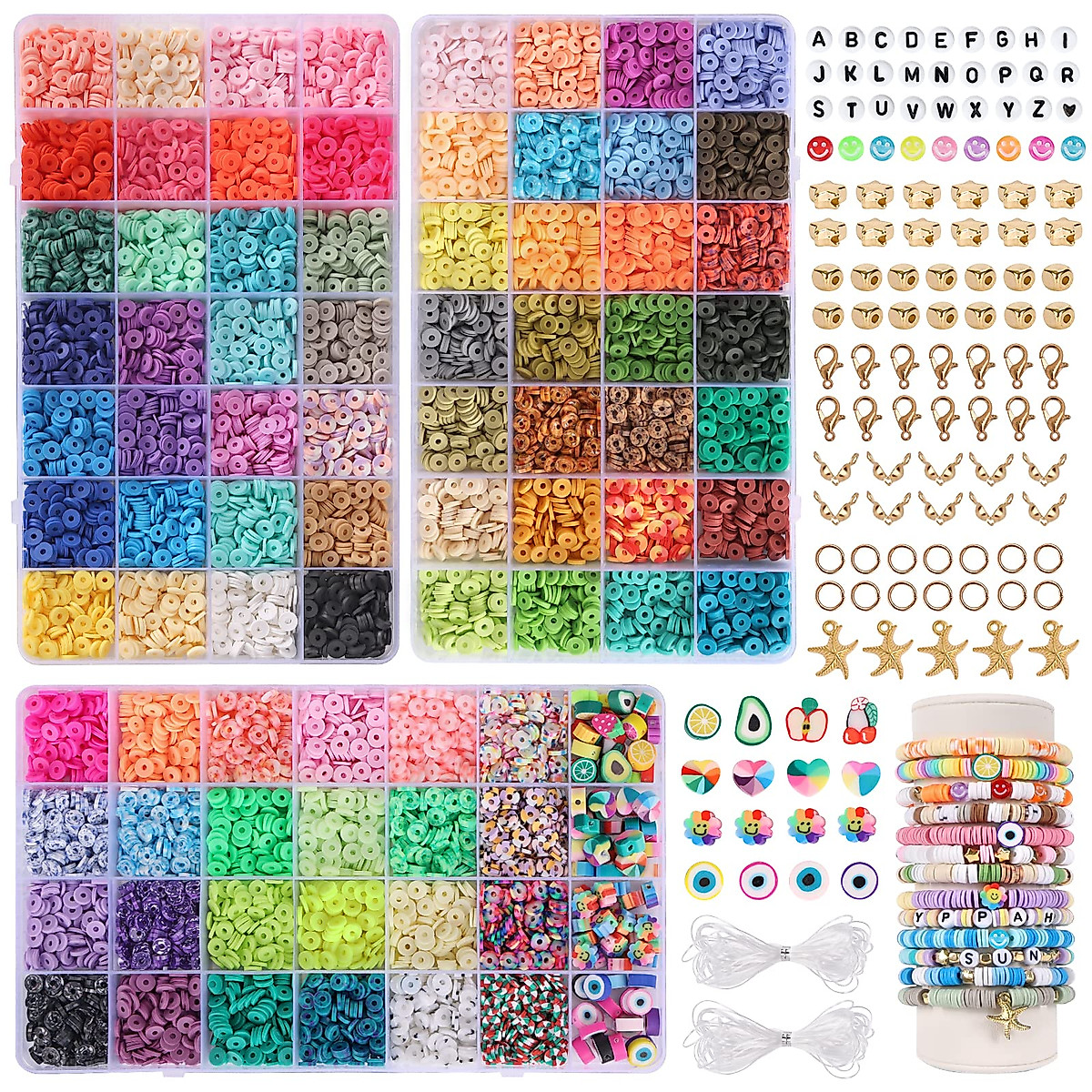 QUEFE 12000pcs Clay Beads Bracelet Making Kit, 80 Colors Flat Clay Heishi Beads Polymer Clay Beads with Letter Beads, Fruit Flower Clay Beads and Smiley Beads for Jewelry Bracelet Necklace Making