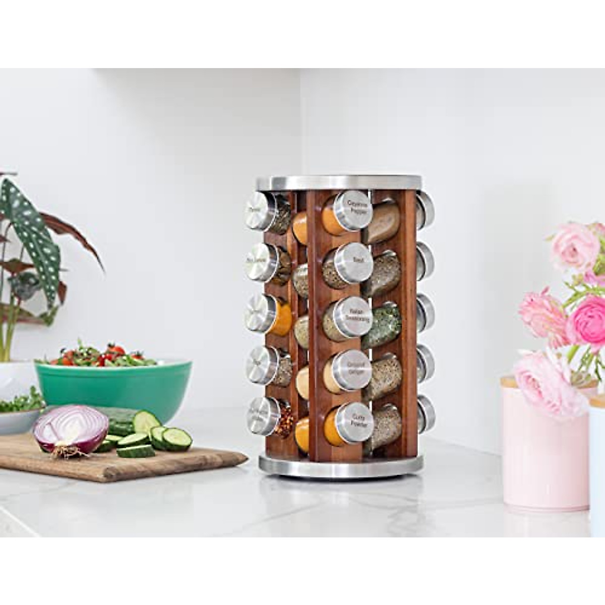 Orii 20 Jar Dark Acacia Wood Spice Rack with Spices Included - Rotating Tower Organizer for Kitchen Spices and Seasonings, Free Spice Refills for 5 Years (Dark Stained Acacia Wood)