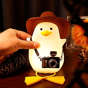 Hinittey Cute Cowboy Duck Lamp, Silicone Duck Light with Cowboy Hat & Mini Camera & USB Rechargeable & Touch Control Dimmable & Timer for Nursery, Birthday Xmas Baptism Gifts for Babys Girls Boys