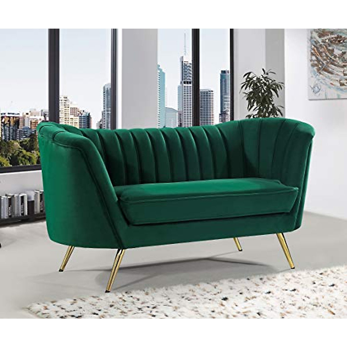 Meridian Furniture Margo Collection Modern | Contemporary Velvet Upholstered Loveseat with Deep Channel Tufting and Rich Gold Stainless Steel Legs, Green, 65" W x 30" D x 33" H