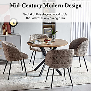 NORDICANA 5 Pieces 37-Inch Round Dining Table and Upholstered Chairs for Four Person, MDF Table-top, Light Brown Fuzzy Sherpa Armchairs with Black Metal Leg for Kitchen, Reception Room