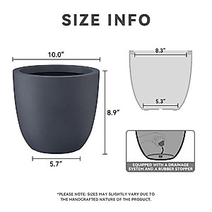 Kante 10 Inch Dia Round Concrete Planter, Indoor Outdoor Large Plant Pot with Drainage Hole and Rubber Plug for Home Patio Garden, Charcoal