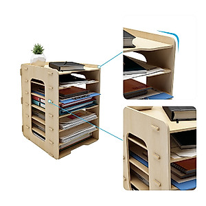 PUNCIA 7Tiers Lengthways Wood Office Paper Organizer for Desk Desktop File Holder Stackable Letter Tray Legal A4 Paper Sorter Document Book Magazine Mail Storage Shelf Rack Desk Literature Organizer