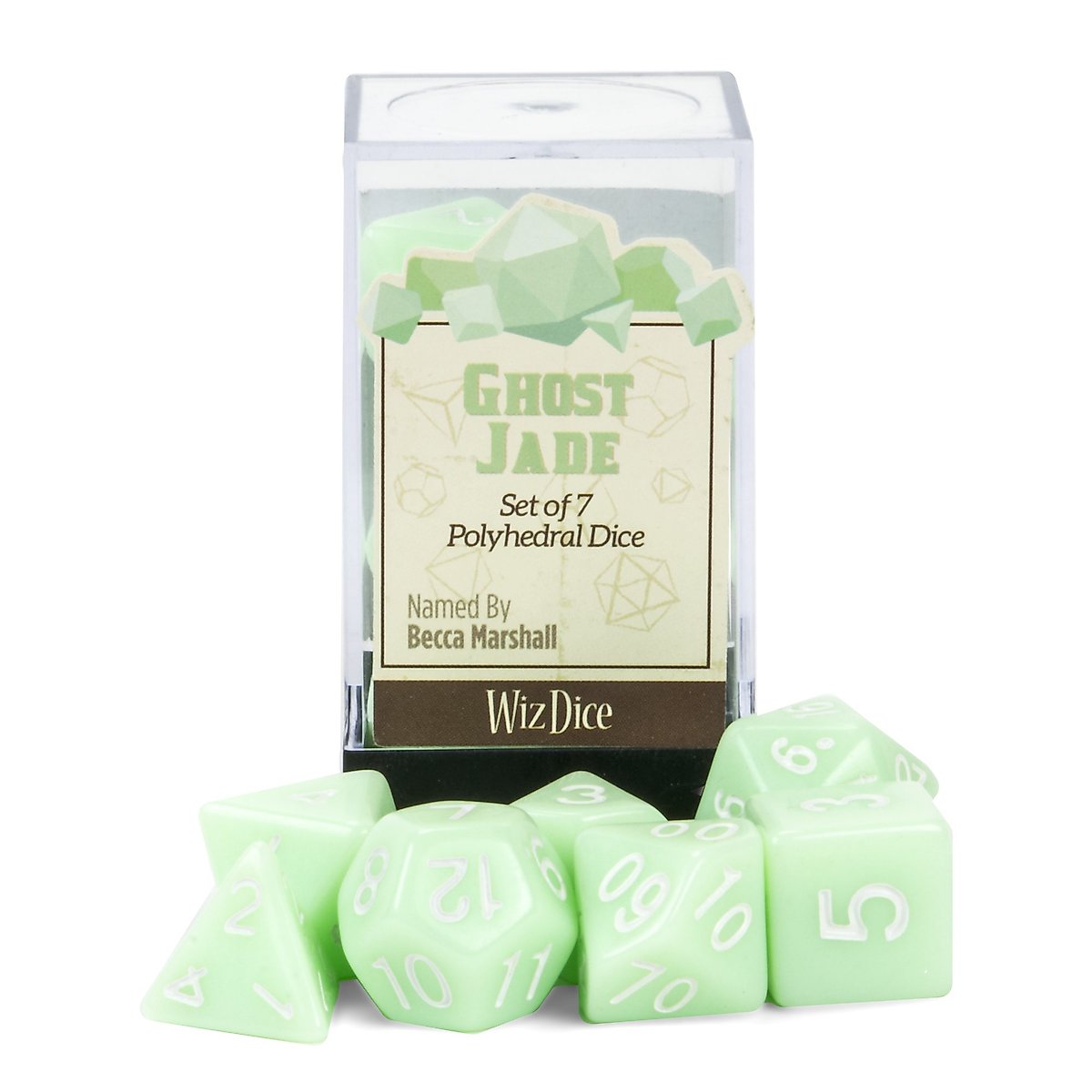 Wiz Dice Ghost Jade Set of 7 Polyhedral Dice, Solid Pastel Mint Green RPG Dice with Clear Display Box
