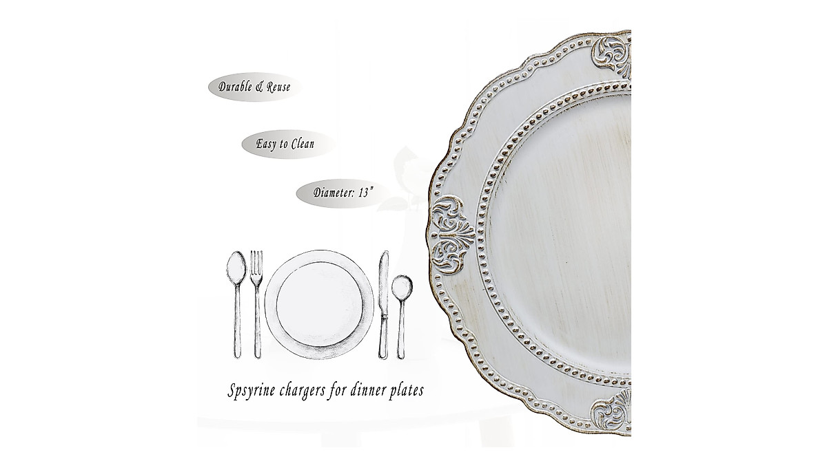 Antique White Charger Plates Set of 6 - Elegant Table Decor