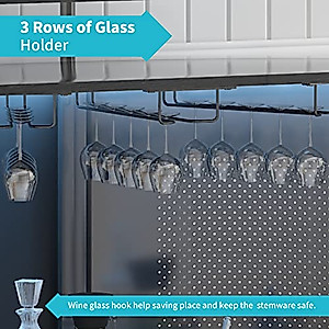 CECER Wine Bar Cabinet with 4 Tiers Storage | RGB LED Light Metal Mesh Industrial Buffet Coffee Counter with Red Wine Rack | Modern Iron＆Wood Mini Liquor Cabinet with Footrest for Home Black