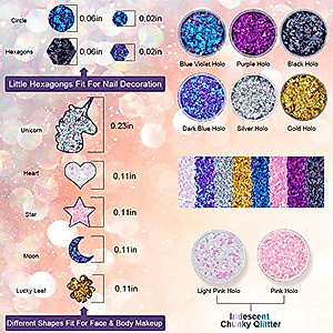 8 Jars of Cosmetic Chunky Glitter Shimmer Body Face Hair Eye Musical Festival Carnival Dance Halloween Party Beauty Makeup Temporary Tattoos Multicolored (80g/2.82oz) + Quick Dry Glitter Glue(10ml)