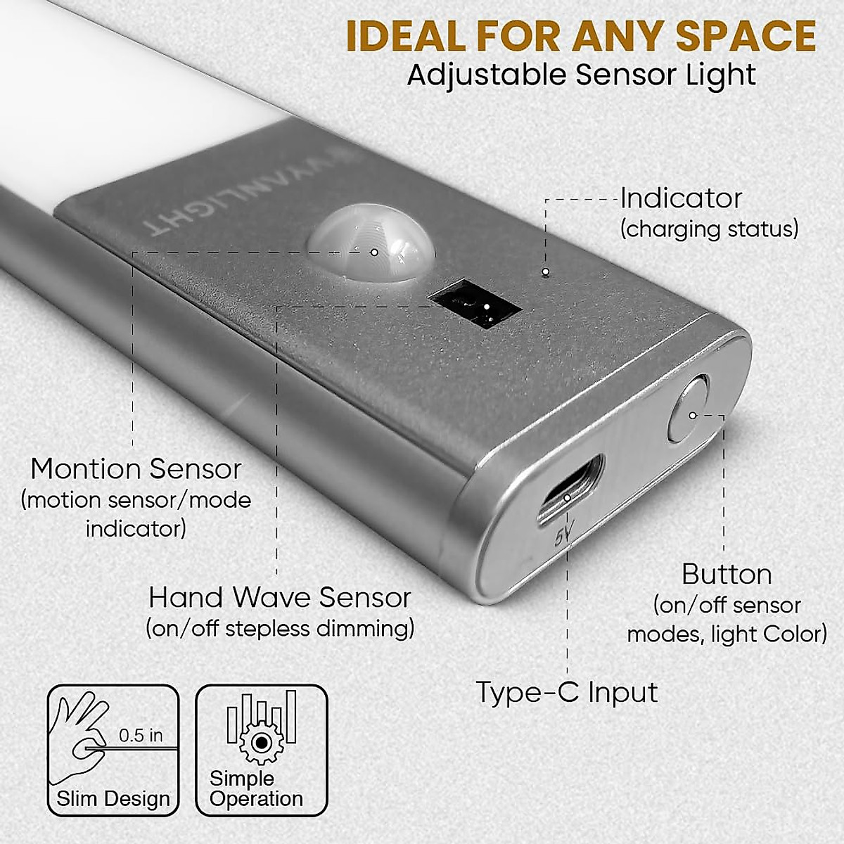 VYANLIGHT Kitchen Under Cabinet Lights - Wireless Motion Sensor LED Light Strips for Pantry, Closet, Bathroom – Rechargeable Battery Operated Cabinet Lighting with Hand Wave Sensor (3 Pack)