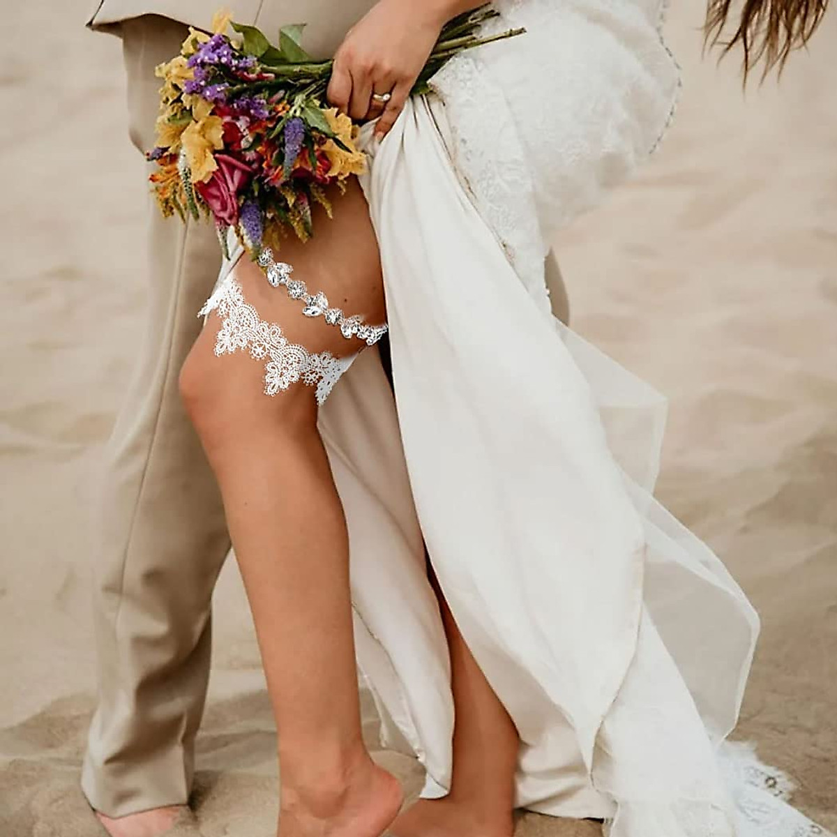 Campsis Wedding Rhinestone Garter Set White Bride Lace Leg Band Crystal Thigh Decor Prom Party for Bridal and Bridesmaid(Silver)