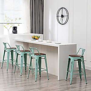 Andeworld Bar Stools Set of 4 Counter Height Stools Industrial Metal Barstools with Wooden Seats(24 Inch, Distressed Green Blue)