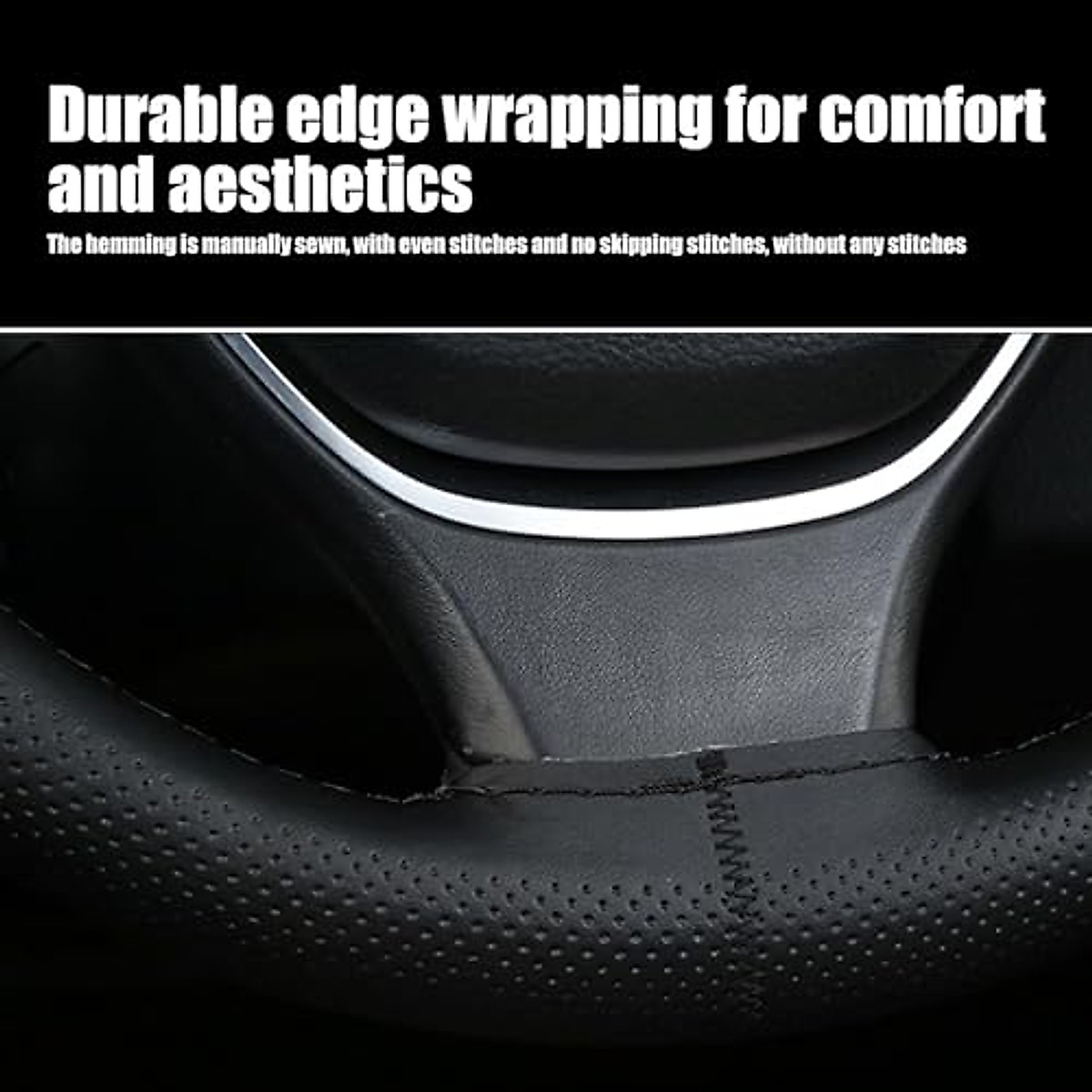 QODOLSI 1 PC Car Steering Wheel Protector Cover, 14.96" Hand-Stitched Leather Sweat-Absorbent Steering Wheel Cover Tie with Air Hole, Motors Comfort Touch Accessory, for Cars, SUVs (Black)