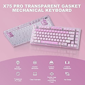 YUNZII X75 PRO 82 Key Wireless Hot Swappable Mechanical Gaming Keyboard with Transparent Keycaps,BT5.0/2.4G/USB-C, Gasket Mount Keyboard,for Windows/Mac (Crystal White Switch, Wireless-Pink)