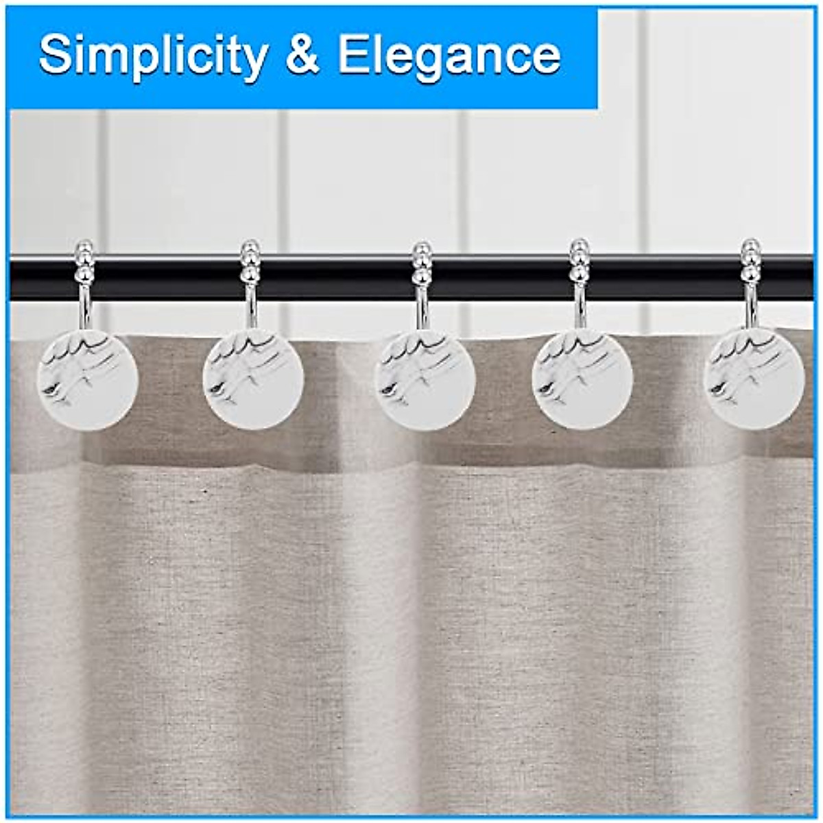Marble Shower Curtain Ring Hooks Rust Proof Decorative for Bathroom Towel Clothes Kitchen Utensil Living Room (White with Glide Balls)