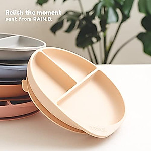 RAiN.B. MellowMate Pure Platinum Silicone Suction Plate for Baby & Toddlers｜Divided Baby Dish with 3 Compartments｜BPA-Free Non-Slip Baby Eating Supplies｜Microwave & Dishwasher Safe – Waffle Caramel