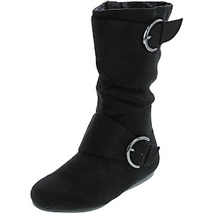 Link Klein-70K Girl's Kid's Faux Suede Two Buckle Zipper Flat Heel Mid Calf Slouchy Boot Shoes,Black,9