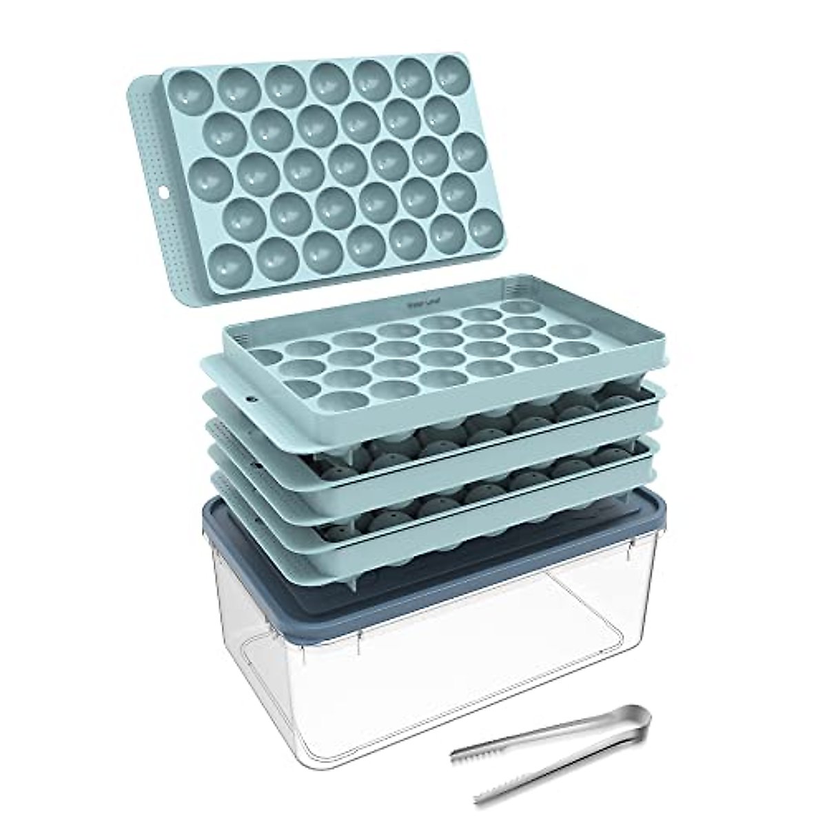 Icediver Ice Cube Tray, Circle Ball Ice Trays for Freezer with Lid & Bin, Sphere Ice Cube Mold Making 99 x 1.0IN Small Round Ice Cubes(Updated Blue Ice Trays, 1 Ice Bucket & Tongs)