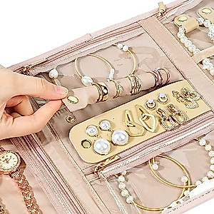 NISHEL Travel Jewelry Organizer Roll, Transparent Foldable Case for Necklaces, Earrings, Rings, Bracelets, Watch, Pink