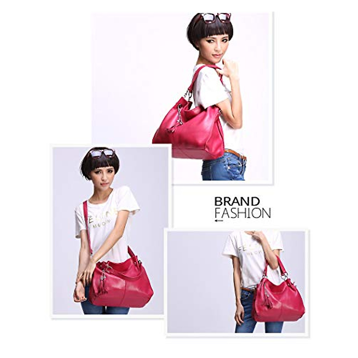 Vintage Leather Hobo Bags Top Handle Tote Handbags Cross body Shoulder Purse for Women (Hot pink)