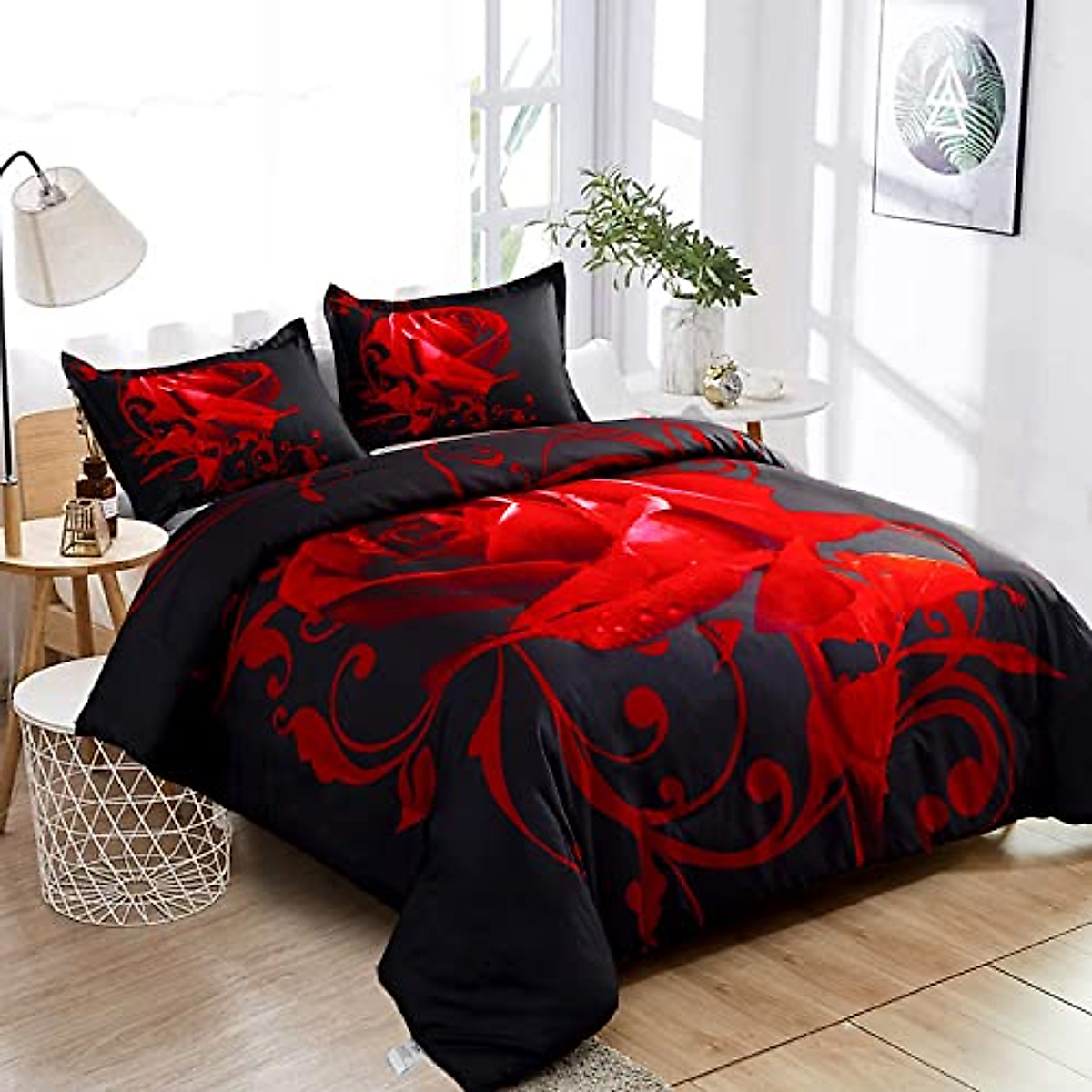 Red Duvet Cover Queen Size Reversible Rose Bedding Duvet Cover Set with Zipper Closure 3 Pieces Ultra Soft Microfiber Queen Duvet Cover, 1 Duvet Cover 90x90 inches and 2 Pillow Shams (No Comforter)