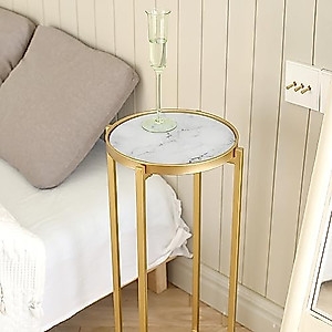 DOWLVN Gold Marble Snack Drink Accent Table, Small Round Side End Table for Living Room Bedroom Small Space, 11" D x 24" H