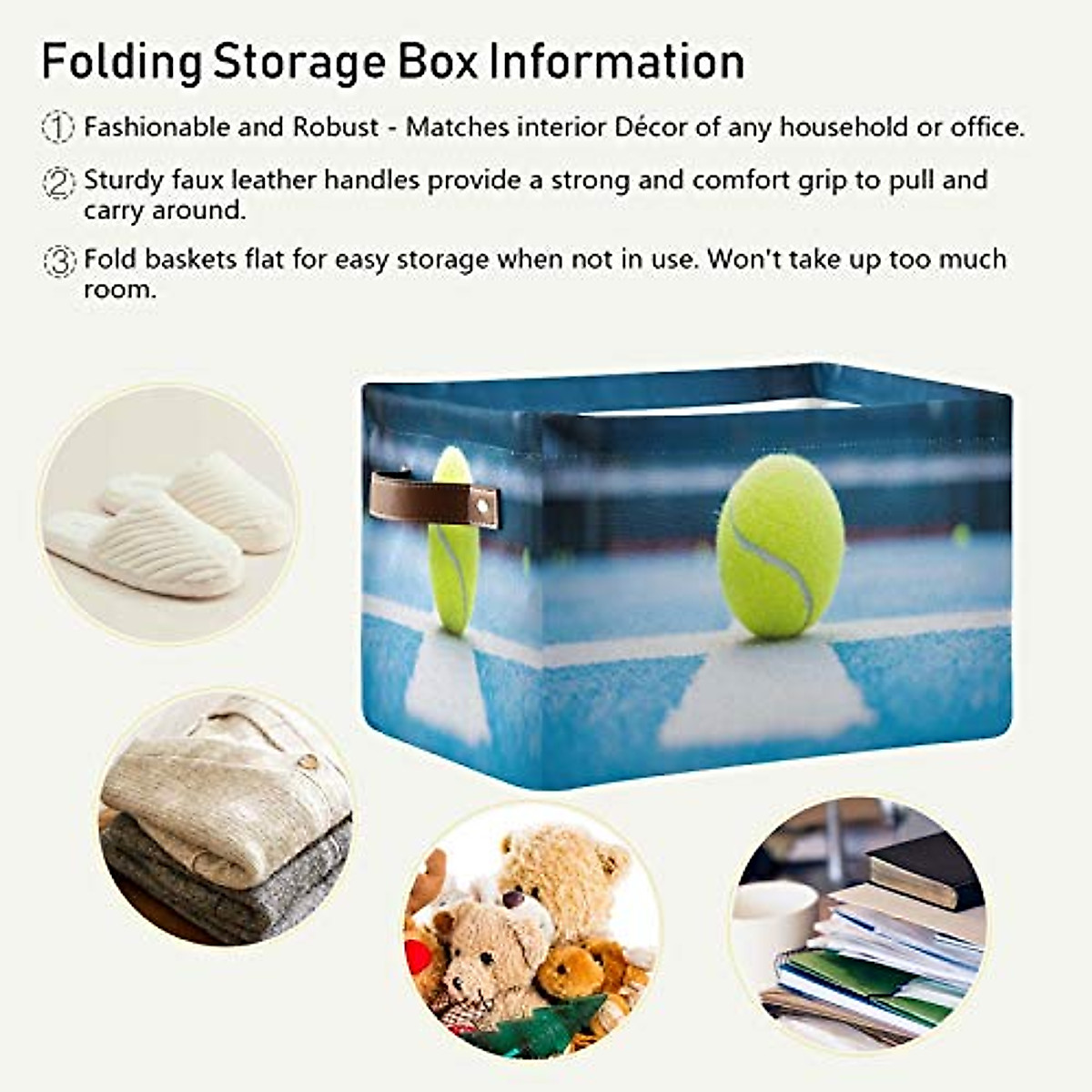 Storage Bins Sport Tennis Ball Pattern Storage Basket Collapsible Cube Rectangle with Handle Storage Box for Shelves Home Office Closet 1 Pack