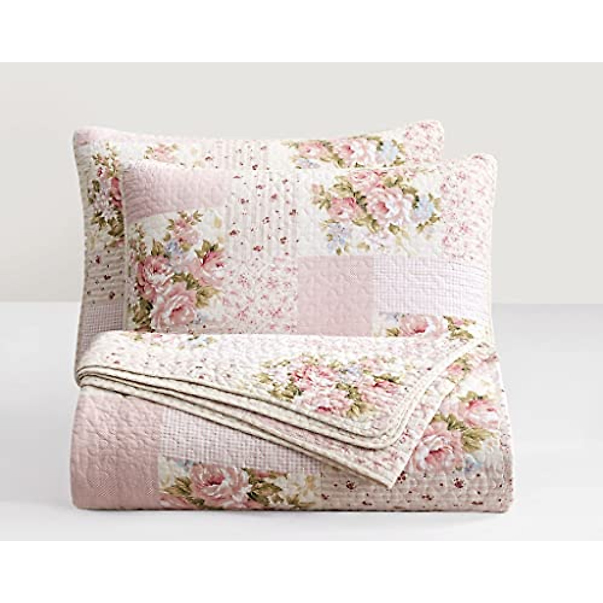 Chezmoi Collection Rosy 3-Piece Printed Patchwork Cotton Quilt Set - Pink Flower Floral Striped Polka Dots - Stone Washed Lightweight Bedspread, Queen Size