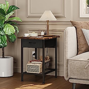 GYIIYUO Nightstands Set of 2 with Charging Station and Fabric Storage Drawer,16.5" x 15.8" Side Table with Storage for Bedroom, Bedside Tables with Steel Fram, Rustic Brown and Black