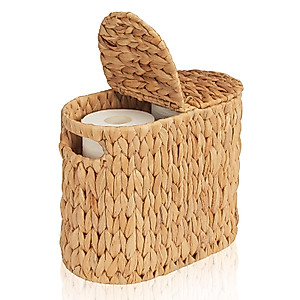 FairyHaus Wicker Toilet Paper Storage Basket with Lid & Handles, 4 Rolls Handwoven Toilet Paper Holder with Storage, Natural Water Hyacinth Toilet Paper Holder Stand Basket for Bathroom