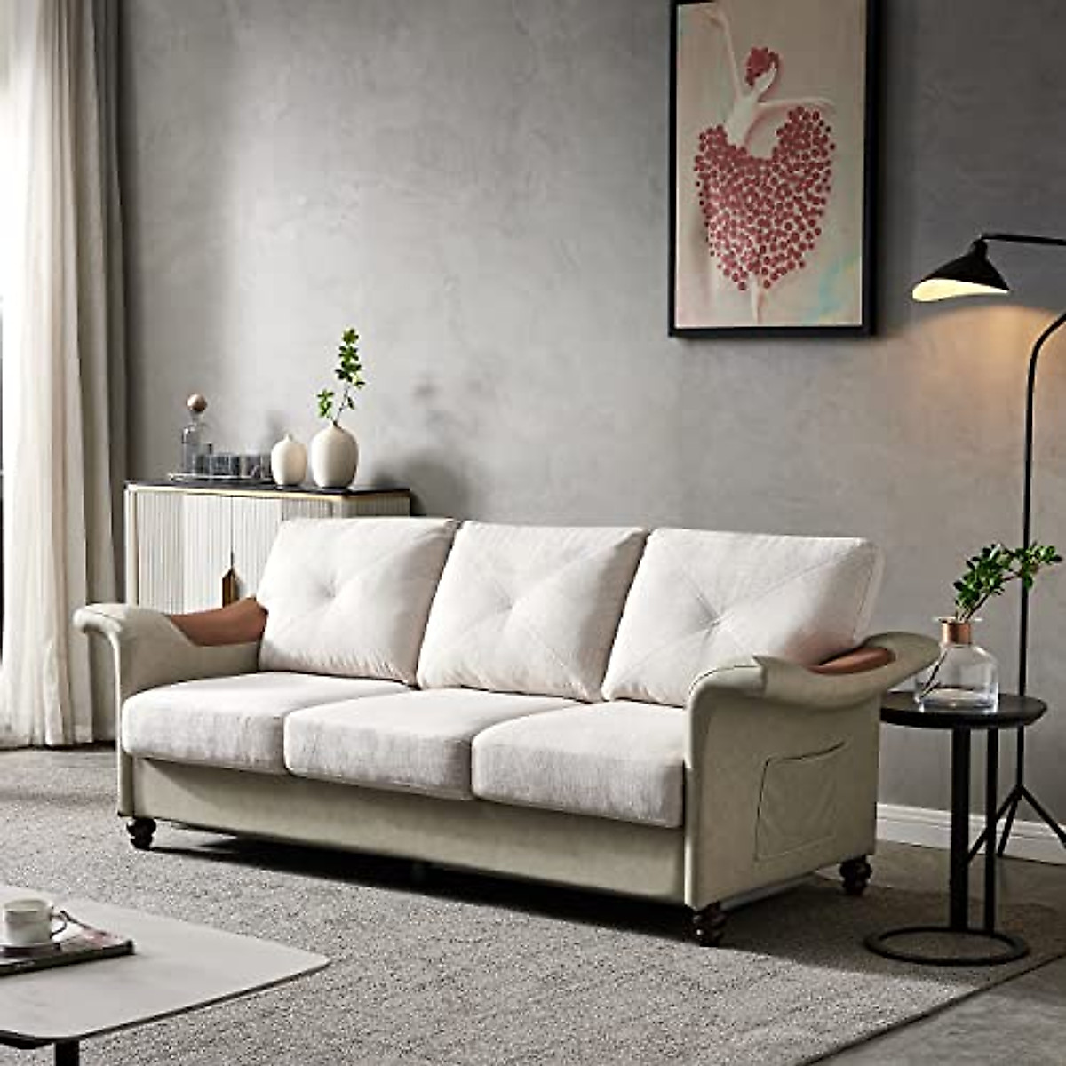 TARTOP Furniture Linen Fabric Faux Leather Solid Wood Legs Upholstered Couches Sets with 3-Seat Sofa, Loveseat for Living Room,Beige
