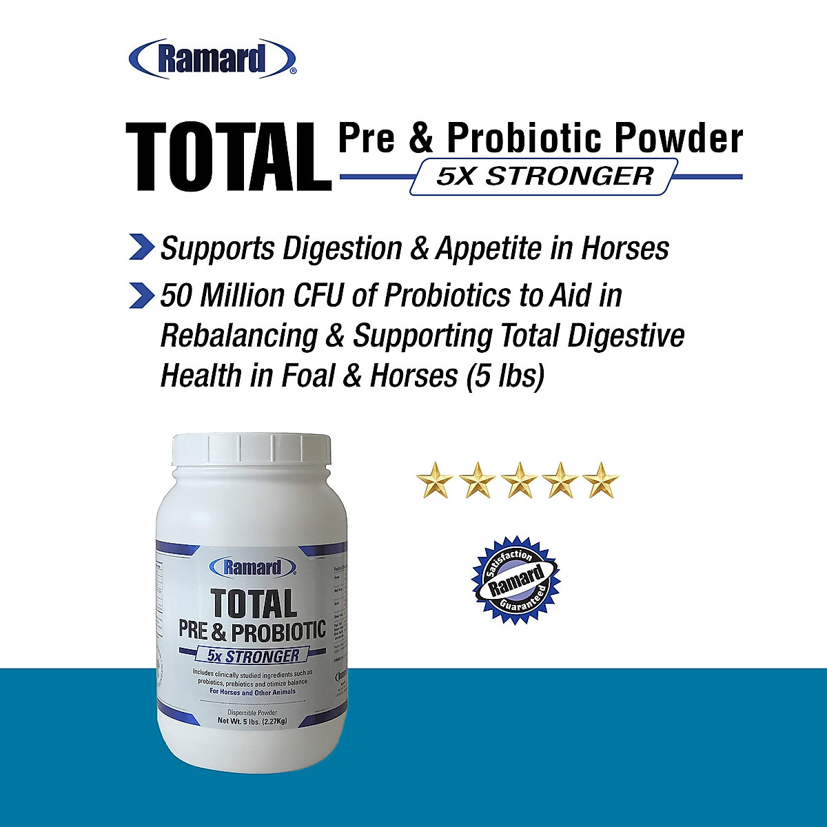Ramard Total Prebiotic & Probiotic Equine Formula - Natural Digestive Supplement for Horses Optimal Gut Health, Nutrient Absorption, Foal Support Pro & Pre Biotics for Livestocks and Horse 5 lbs Jar