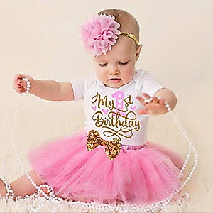 GRNSHTS Baby Girl Birthday Cake Smash Outfit Toddler Girl My 1st Birthday Romper Tutu Skirt with Headband Clothes Set (Hot Pink, 12-15 Months)