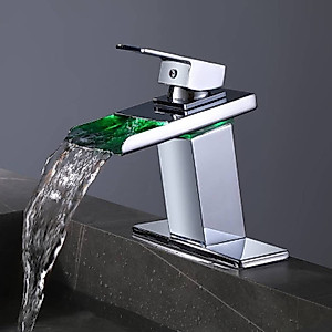 Y-Garhe LED Bathroom Sink Faucet - Chrome Single Hole or 4 Inch Centerset Waterfall Faucet with Stainless Steel Spout and Temperature-Sensitive LED Lights, Includes Deck Plate