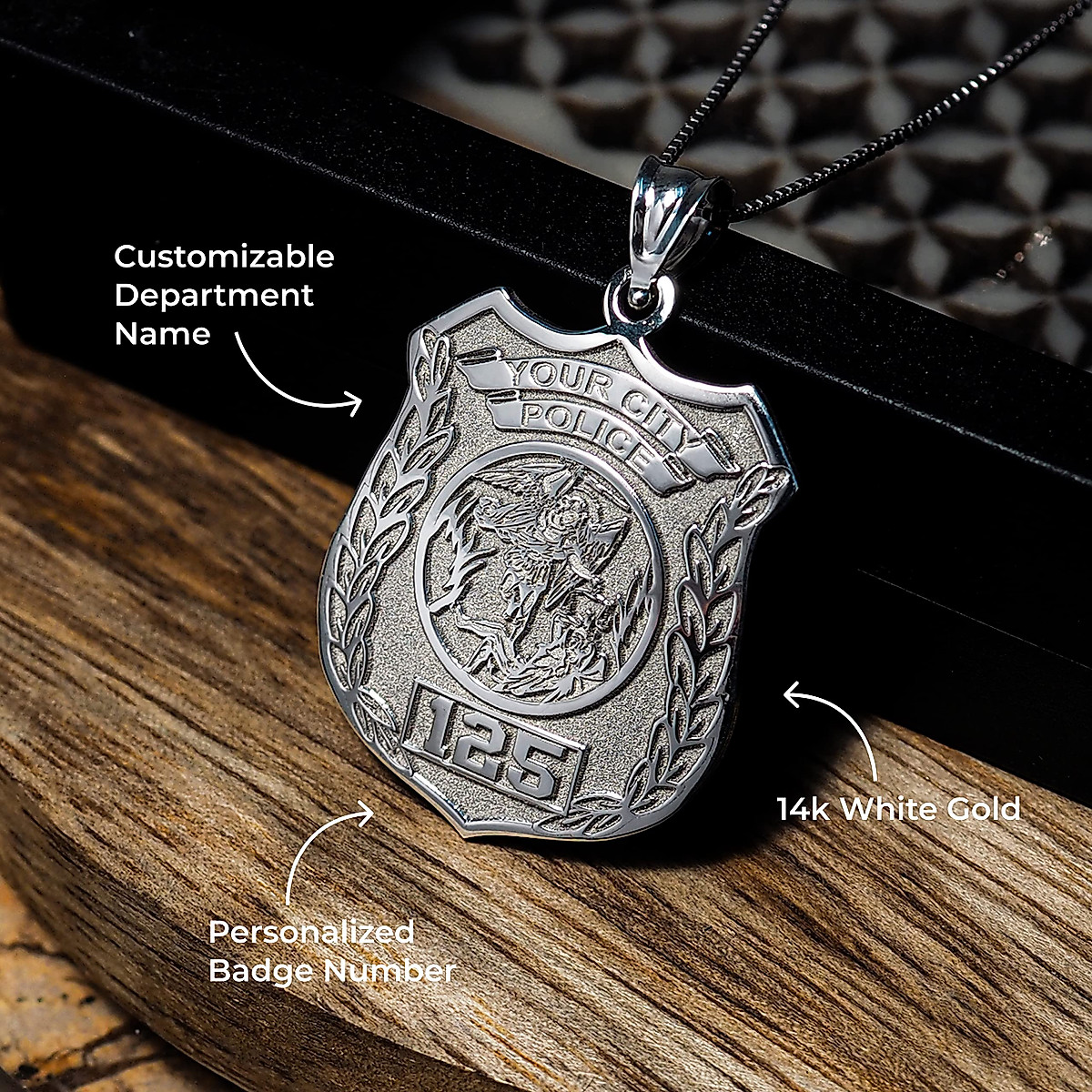 PicturesOnGold.com Solid Sterling Silver Saint Michael Personalized Police Badge with Department & Badge Number - Size 1 x 1-1/4 Inch