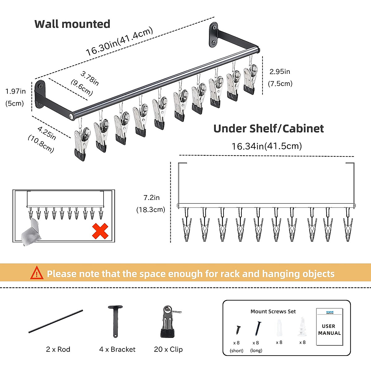 SIMVE Hat Rack for Baseball Caps Organizer with 20 Clips Modern 16.3in Metal Holder Wall Mounted Display Hanger Hanging Storage Accessories Closet Bedroom Door Entryway Organization Set of 2 Black