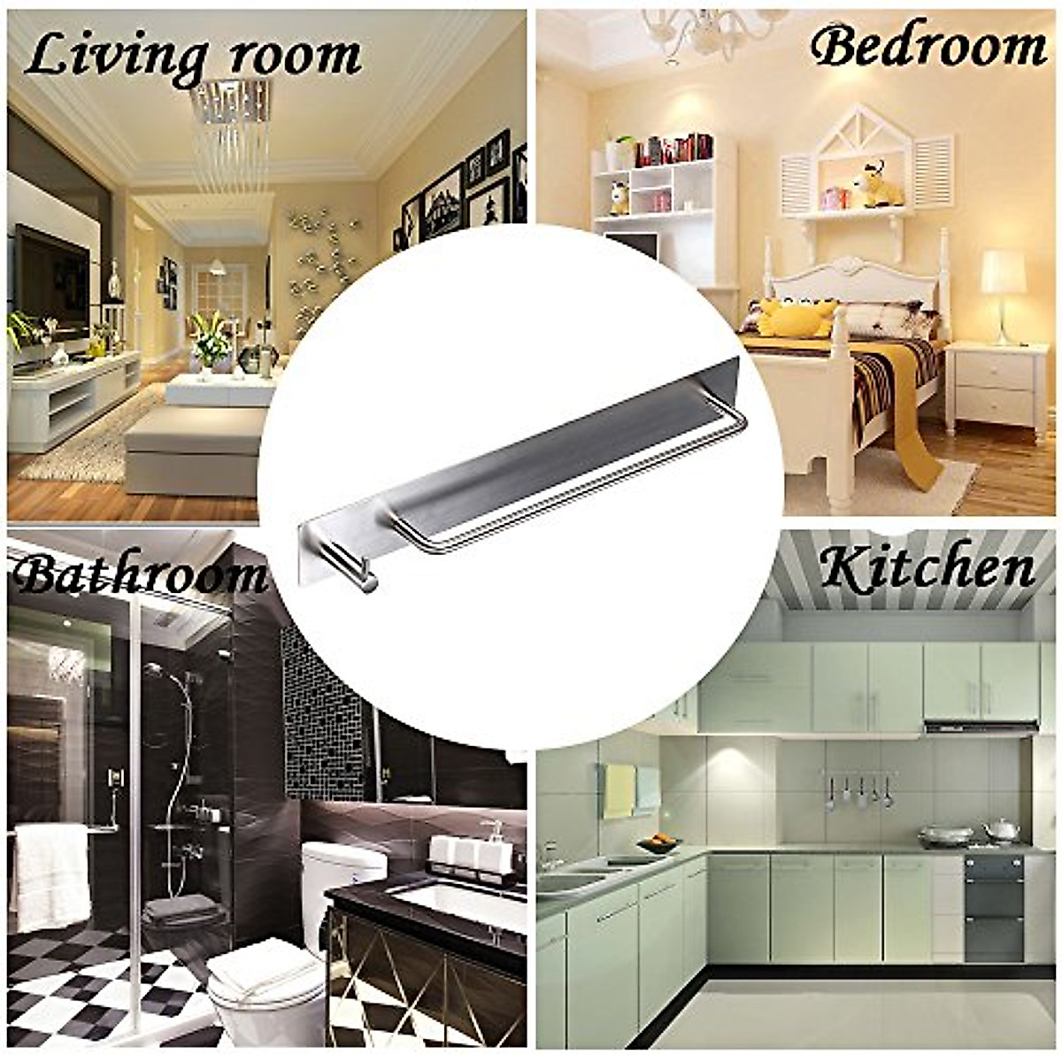 Sumnacon Towel Bar Rack with Hook, 13.38 Inch 3M Self Adhesive Stainless Steel Towel Holder Organizer for Bathroom Kitchen Bedroom, Brushed Finish (Towel Rack with Hook)