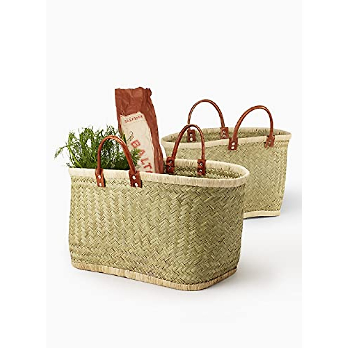 Serene Spaces Living Small Handmade Straw Tote Paired with Leather Handles, Raffia Lined Handbag, Straw Beach Bag, Summer Tote for Everyday Use, Grocery Shopping, 19.5" Long, 8.5" Wide & 10.5" Tall